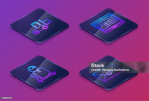 설정 등도 라인 지게차 트럭 골판지 상자 응용 프로그램 배달 추적 및 봉투와 노트북과 함께 확장 파란색 정사각형 버튼 벡터 3차원 형태에 대한 스톡 벡터 아트 및 기타