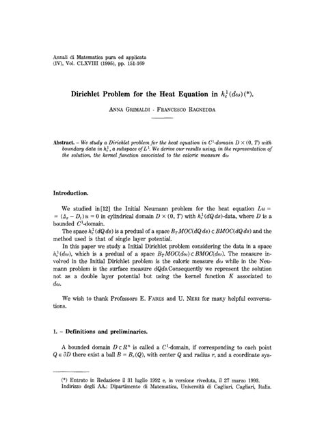 Pdf Dirichlet Problem For The Heat Equation Inh C 1 Dω