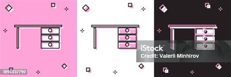 분홍색과 흰색 검은 색 배경에 격리 된 사무실 책상 아이콘을 설정합니다 벡터 가구에 대한 스톡 벡터 아트 및 기타 이미지