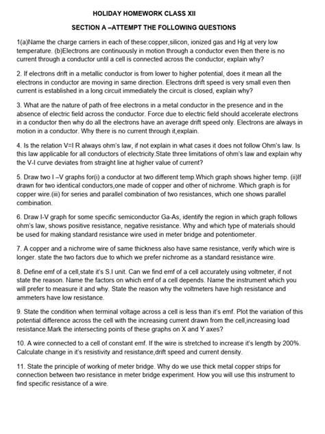 New Holiday Homework Class Xii Pdf Electrical Resistivity And Conductivity Electrical