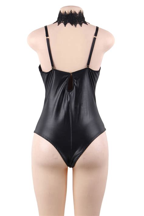 New Stylish Plus Size Adjustable Strap Halter Slim Fit Lace Splice Leather Bodysuit Always Attract