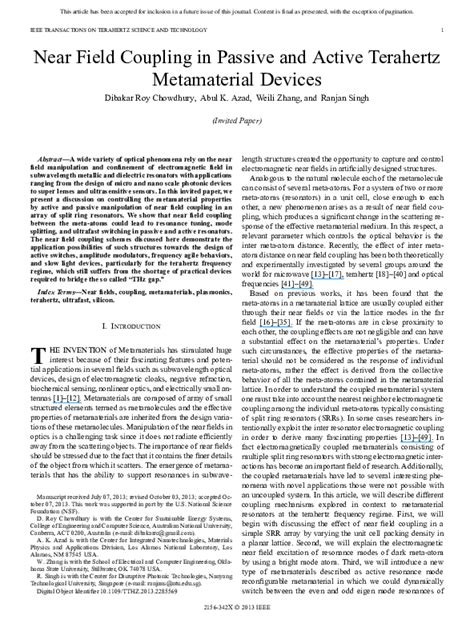 Pdf Near Field Coupling In Passive And Active Terahertz Metamaterial