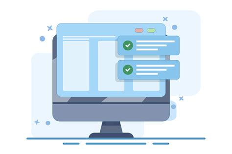 체크 표시가있는 웹 사이트 성공 알림 개념 랩톱 컴퓨터 평면 만화 벡터에 체크 표시가있는 웹 업데이트 작업 목록 Pc 보고서에