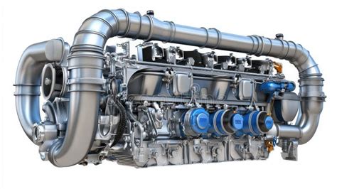 detailed engine rendering precision engineering in silver and blue