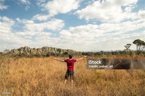 Man Standing In Front Of Morro Do Cabeludo Pirenópolis Goiás Stock