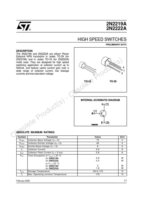 2n2222a 2n2219a Datasheet 2n2219a Stmicroelectronics Pdf Stmicroelectronics