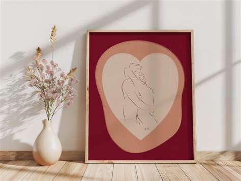Nude Couple Embrace Female And Male Deep Red Love Handmade Digital