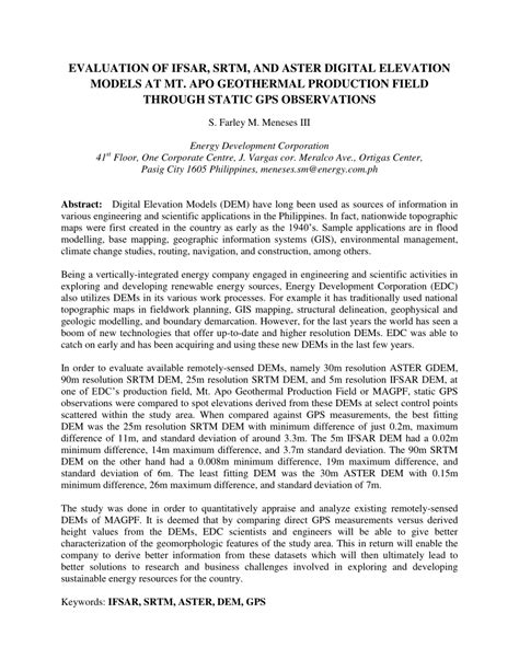 Pdf Evaluation Of Airborne Ifsar Srtm And Aster Digital Elevation Models At Mt Apo