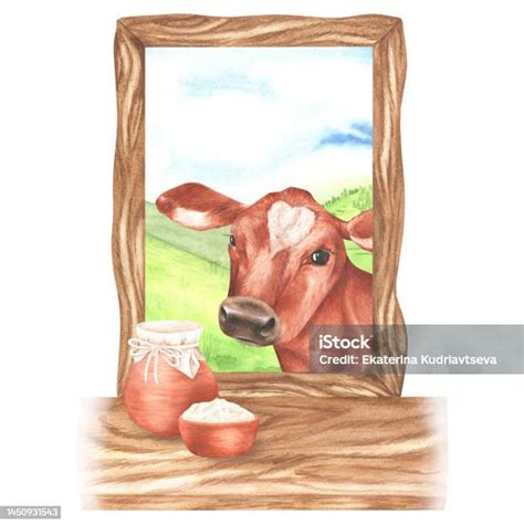 창문에 있는 소 우유와 들판이 담긴 주전자 수채화 그림입니다 흰색 배경에 격리 녹색에 대한 스톡 벡터 아트 및 기타 이미지