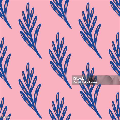 네이비 블루 낙서 잎 가지 모양과 밝은 매끄러운 패턴을 대조 분홍색 배경 심플한 디자인 0명에 대한 스톡 벡터 아트 및 기타 이미지 Istock