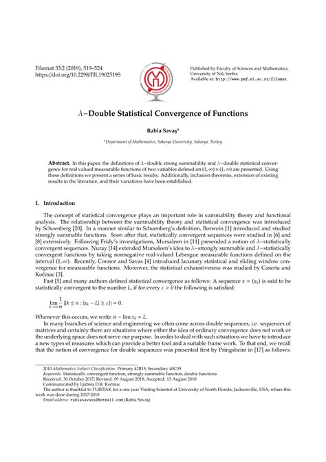 Pdf λ−double Statistical Convergence Of Functions