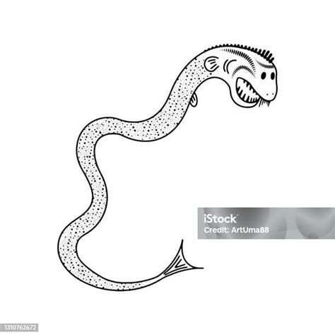 깊은 바다 생물 날카로운 이빨과 가시가있는 환상적인 해양 위험한 물고기와 그림 흰색 배경 위에 격리 배너 엽서 어린이 파티 섬유 티셔츠 벡터 경외감에 대한 스톡 벡터 아트