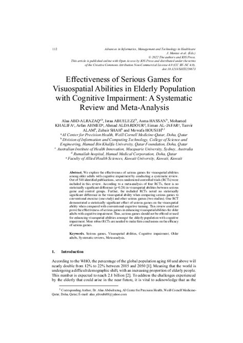 Pdf Effectiveness Of Serious Games For Visuospatial Abilities In Elderly Population With