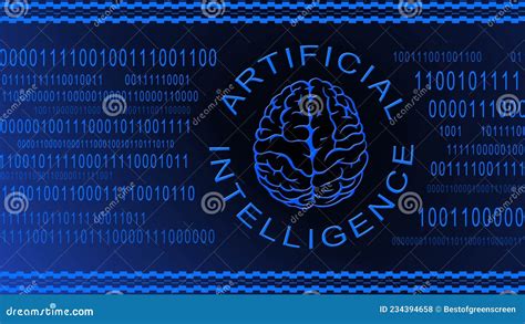 Brain Symbol Centered In Artificial Intelligence Lettering On Blue Binary Code Background