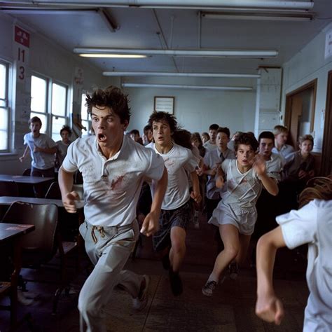 Frightened Students Running Out Of A Classroom Premium Ai Generated Image