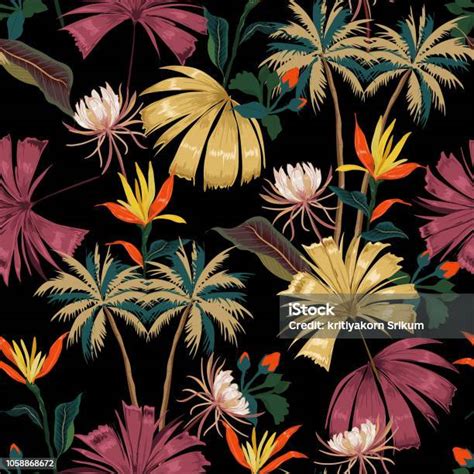 트렌디한 벡터 완벽 한 아름 다운 예술 어두운 열 대 패턴 이국적인 숲으로 화려한 원래 세련 된 꽃 배경 인쇄 밝은 무지개 색상