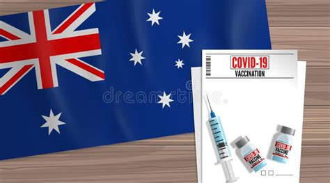 Australia Covid Vaccination Sheet Blank Document Vaccine Vials Syringe And Australian Flag On
