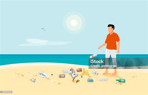 바다 모래 해변에 오염 쓰레기를 만드는 폐기물을 버리는 사람 쓰레기에 대한 스톡 벡터 아트 및 기타 이미지 쓰레기 해변