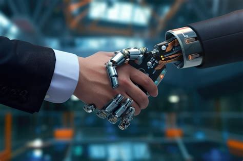 Humanrobot Handshake Glowing Tech Interface A Human Hand Shaking Hands With A Robot Arm