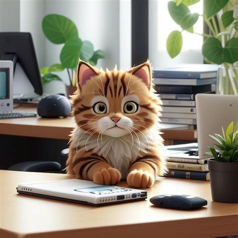 Premium Photo Cute Workspace With Cat And Plant Cartoon Vector Icon