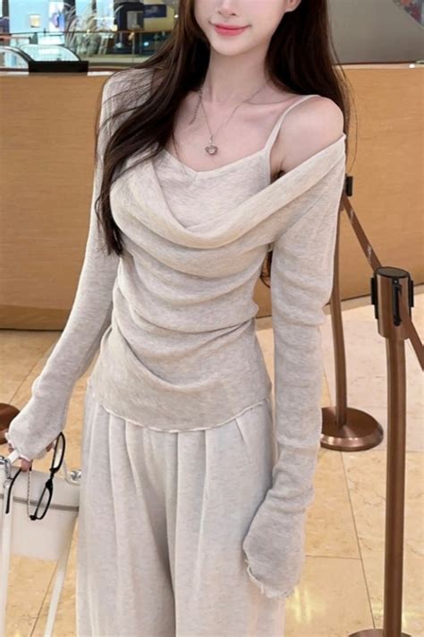 핑크프릴 Set 페이크 두조각 오프숄더 긴팔 니트 스웨터 와이드팬츠 투피스세트