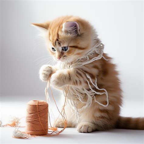 Premium Ai Image Cute Cat Playing Threads On White Background