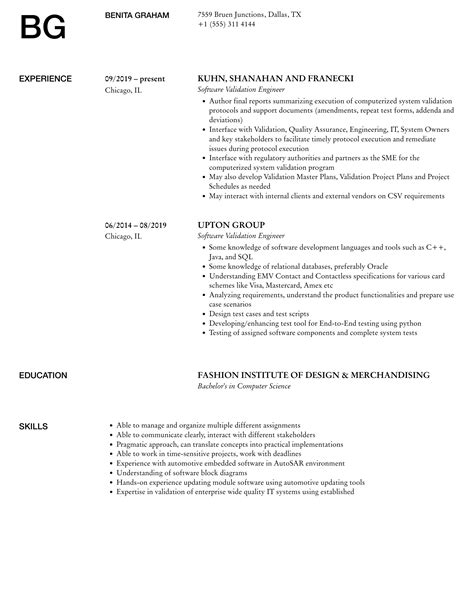Software Validation Engineer Resume Samples Velvet Jobs