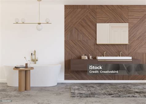 아름답고 가볍고 현대적인 욕실 흰색 색상과 나무 질감 욕조 세면대 현대적인 스타일의 홈 인테리어 고급 욕실 디자인 인테리어 디자인 프로젝트 3d 렌더링 장식품에 대한 스톡