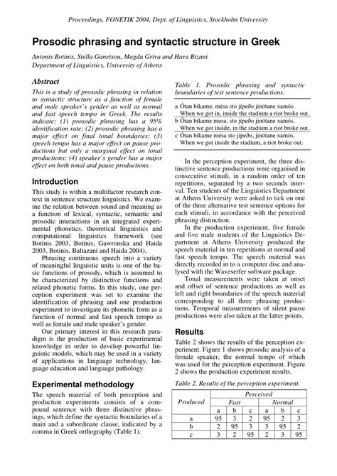 Pdf Prosodic Phrasing And Syntactic Structure In Greek