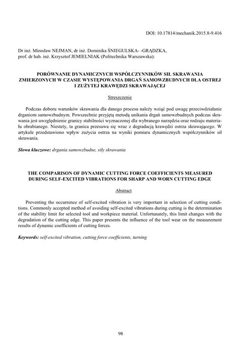 Pdf The Comparison Of Dynamic Cutting Force Coefficients Measured During Self Excited