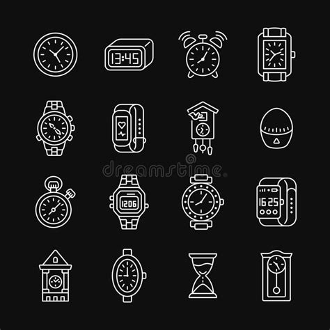 Clock Line White Icon Set On Black Background Time Measuring Symbol
