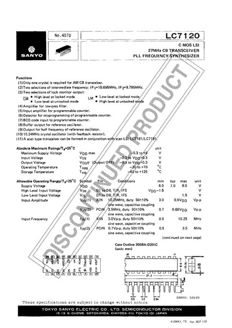 Lc7120 Datasheet Pdip Frequency Synthesizer Sanyo