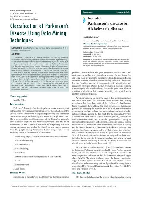 Pdf Classification Of Parkinsons Disease Using Data Mining · Problems These Include The