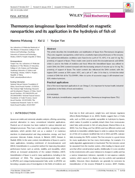 Pdf Thermomyces Lanuginosus Lipase Immobilized On Magnetic