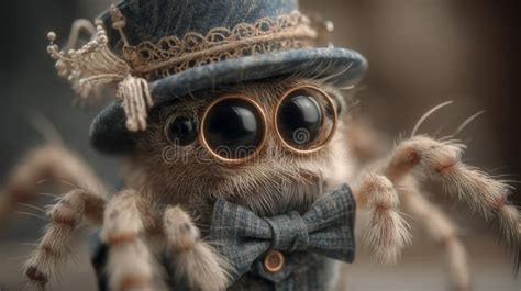 Close Up Of A Cute Jumping Spider Wearing A Hat And Bow Tie Stock