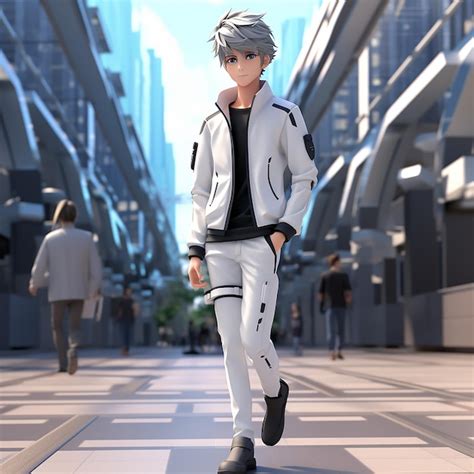 Premium Photo 3d Anime Boy Wearing White Jacket Standing In A Street