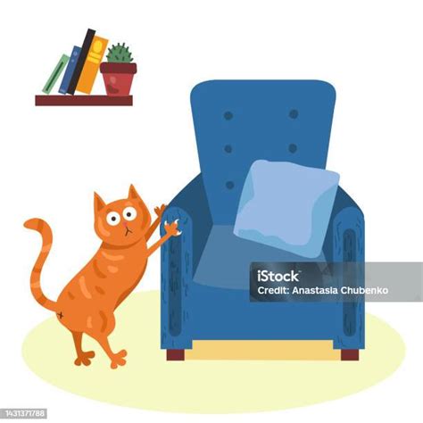 장난꾸러기 고양이는 쉬운 의자에서 발톱을 날카롭게합니다 만화 플랫 스타일 벡터 일러스트 레이 션 갈고리 발톱에 대한 스톡 벡터 아트 및 기타 이미지 Istock