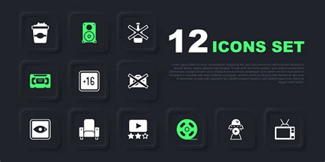 공상 과학 소설 레트로 Tv 플러스 16 영화 필름 릴 Vhs 비디오 카세트 테이프 시네마 의자 스테레오 스피커 및 등급 아이콘을 설정합니다 벡터 5에 대한 스톡 벡터 아트