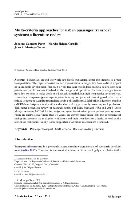 Pdf Multi Criteria Approaches For Urban Passenger Transport Systems A Literature Review