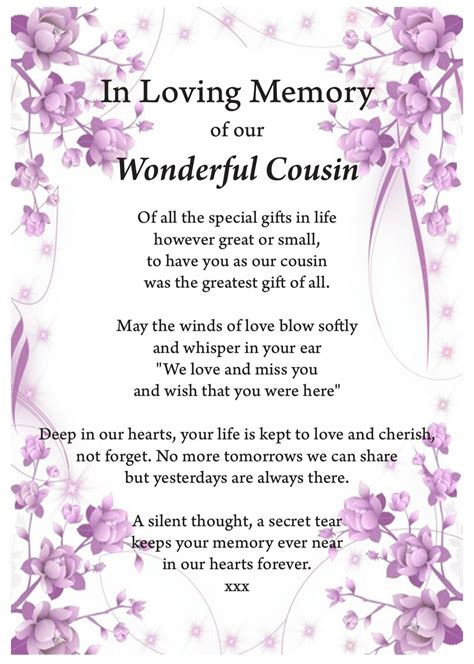 Cousin In Loving Memory Print Funeral Poem Missing You Bereavement