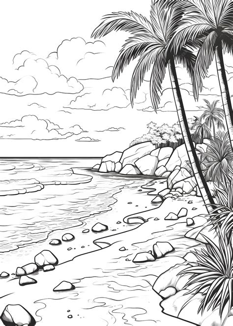 해변 칠색 페이지 해변 그림 색칠 페이지는 해변 풍경 색칠 페이지에 대한 라인 아트 해변 색칠 책 성인 색칠페이지 Ai 생성 프리미엄 사진