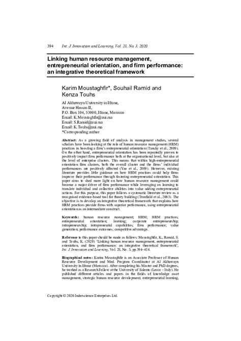 Pdf Linking Human Resource Management Entrepreneurial Orientation And Firm Performance An