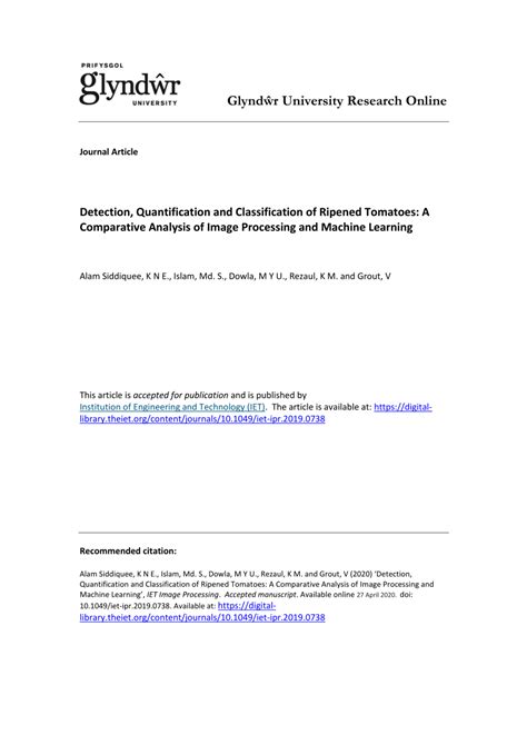 Pdf Detection Quantification And Classification Of Ripened Tomatoes Using A Comparative