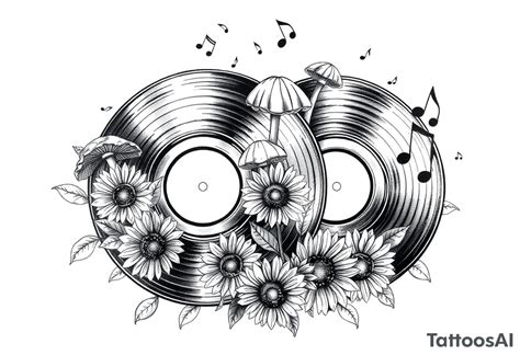 Two Overlapping Vinyl Records With Mushrooms Sunflowers And Music
