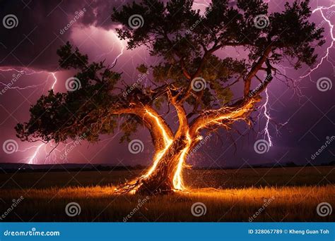 Tree Struck By Lightning In Violent Thunder Storm Stock Illustration
