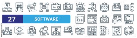 set of 27 outline web software icons such as framework emulator script aorithm code web