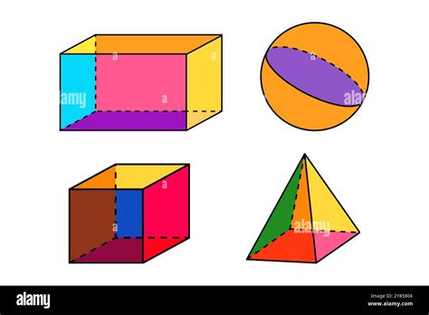 colorful happy 3d geometric shapes of sphere cube cuboid pyramid