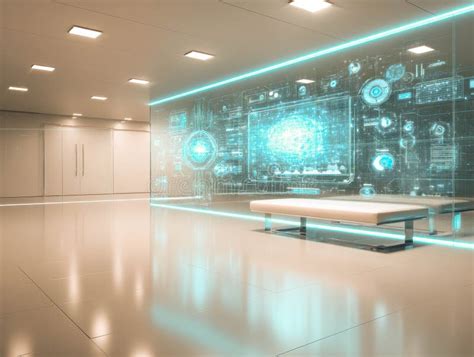 Modern Office Space Showcasing Digital Screen With Abstract Data Dashboard And Minimalist Design