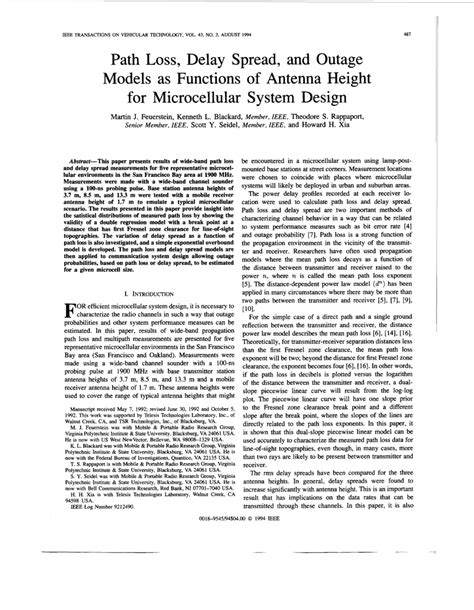 Path Loss Delay Spread And Outage Models As Functions Of Antenna Height For Microcellular