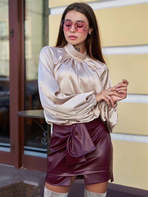 Puff Sleeves Blouse Silk Long Sleeves Blouse High Collared Etsy